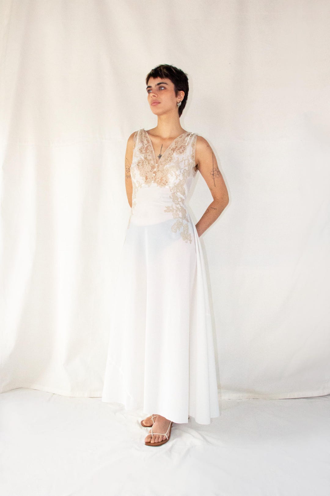 1930s White Rayon & Ivory Lace Insert Nightgown // Vintage 30s Art Deco ...