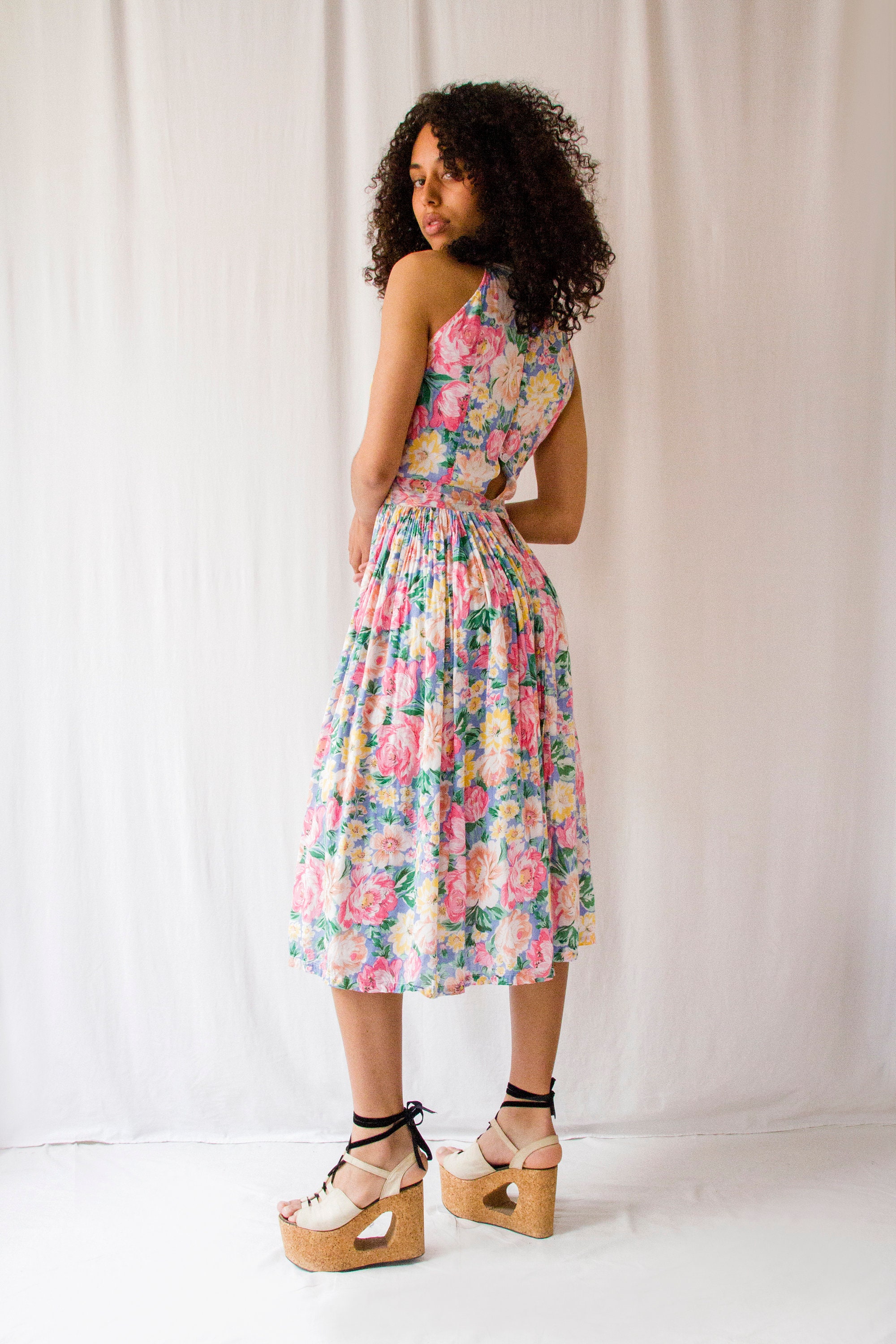 1980s René Derhy Indian Colorful Floral Print Dress With Pockets ...