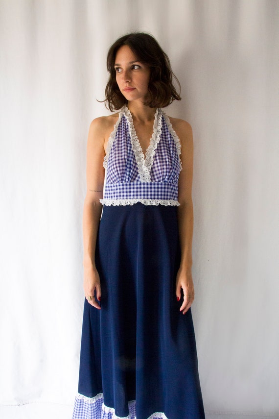 1970s British boutique Switch blue vichy halter maxi … - Gem