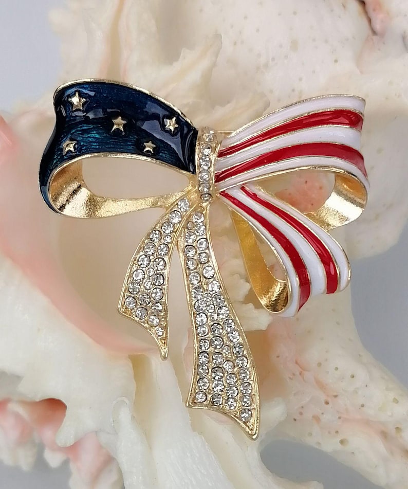 Rhinestone Crystal American Flag Bowknot Brooch Pin Costume Jewelry ...