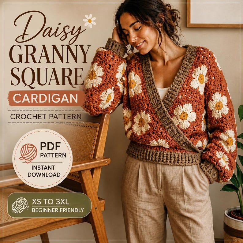 Granny Square Cardigan Crochet Pattern , Daisy Cardigan for Women, Boho ...