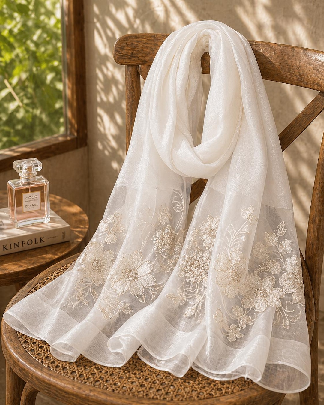 Luxury Gold Embroidered Silk Scarf for Women, Elegant Sheer Floral ...