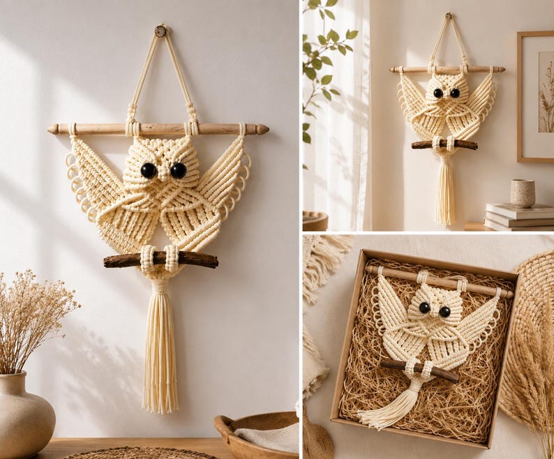 Buy Handmade Macrame Owl Wall Hanging, Boho Owl Decor, Poly Thread Art ...