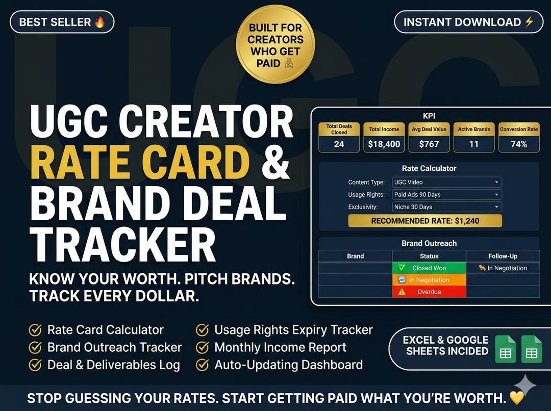 UGC Creator Rate Card & Brand Deal Tracker | Excel Google Sheets ...