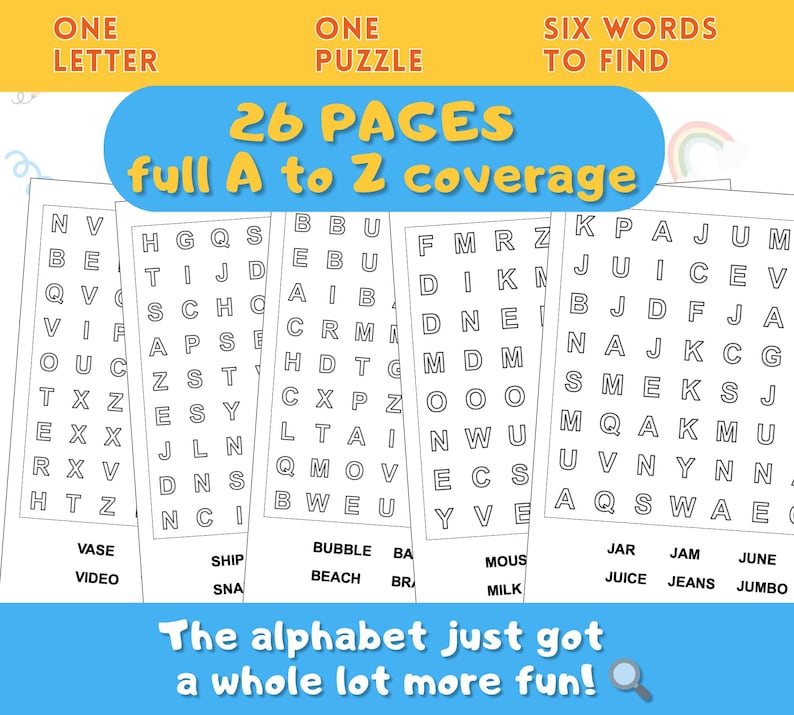 Word Search Puzzles for Kids, Alphabet Activity, Vocabulary Practice - Etsy