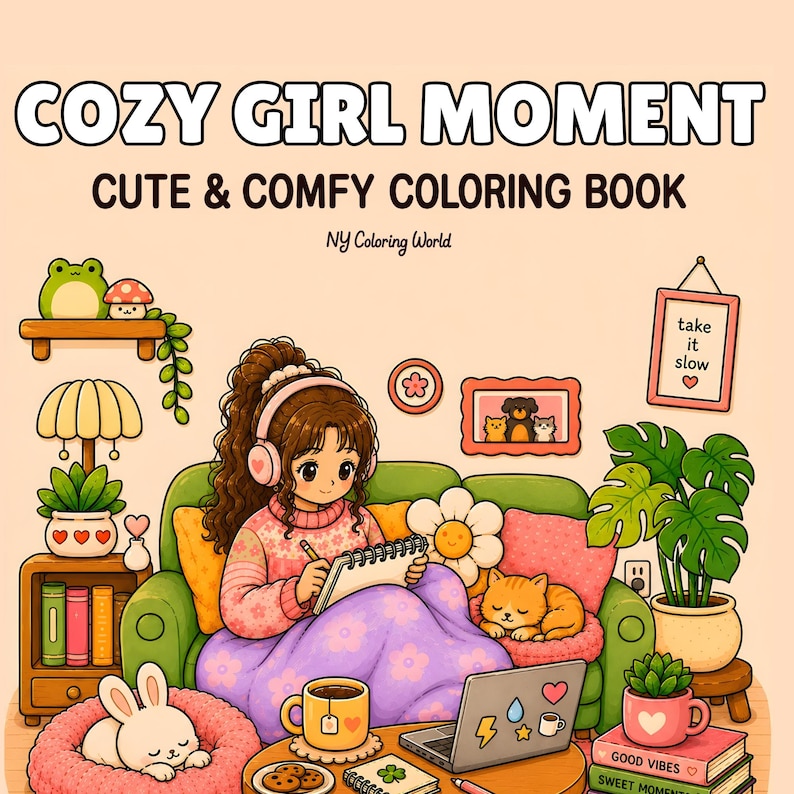 Cozy Girl Moment Coloring Book, Kawaii Pages, Bold Lines (digital ...