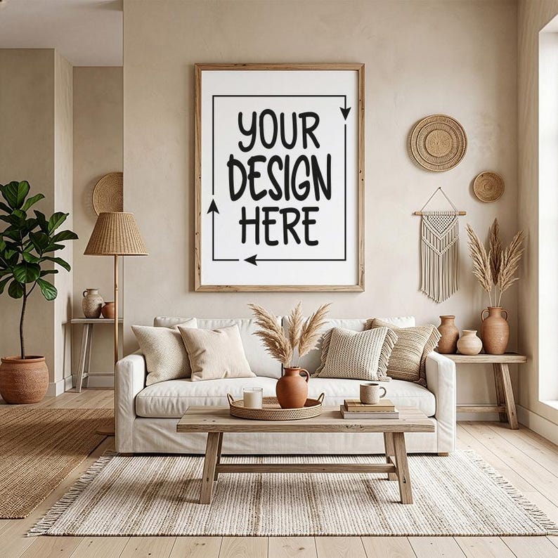 20 Boho Neutral Frame Mockups, Beige Living Room Gallery Wall JPG ...