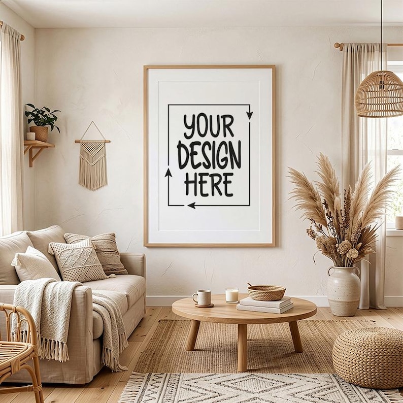 20 Boho Neutral Frame Mockups, Beige Living Room Gallery Wall JPG ...