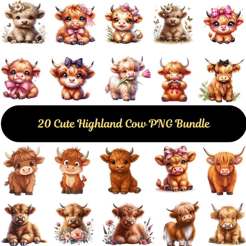 Highland Cow PNG Bundle, Watercolor Calf Clipart, Floral Farm Animal ...