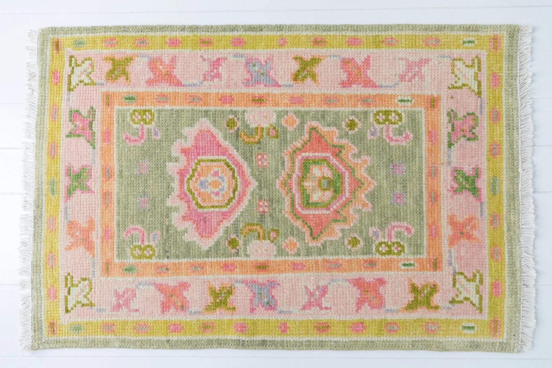Soft Pink Green Oushak Rug, Pastel Turkish Wool Rug, Handmade Kids Room ...