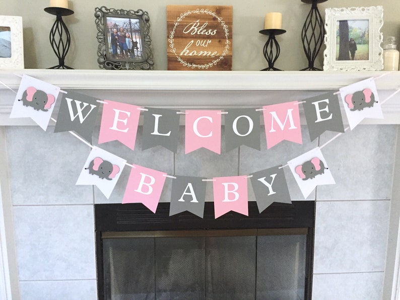 Welcome Baby Banner, Elephant Banner, Baby Shower Banner, Pink and Grey ...