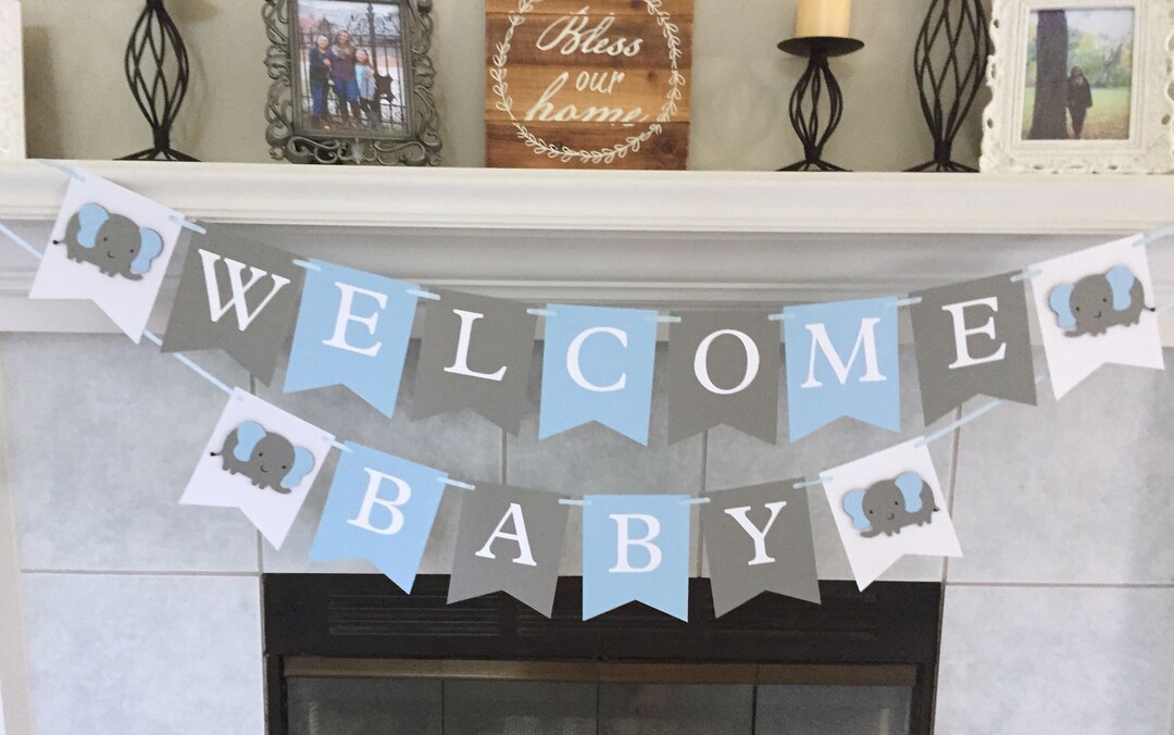 Welcome Baby Banner, Elephant Banner, Baby Shower Banner, Blue and Grey ...