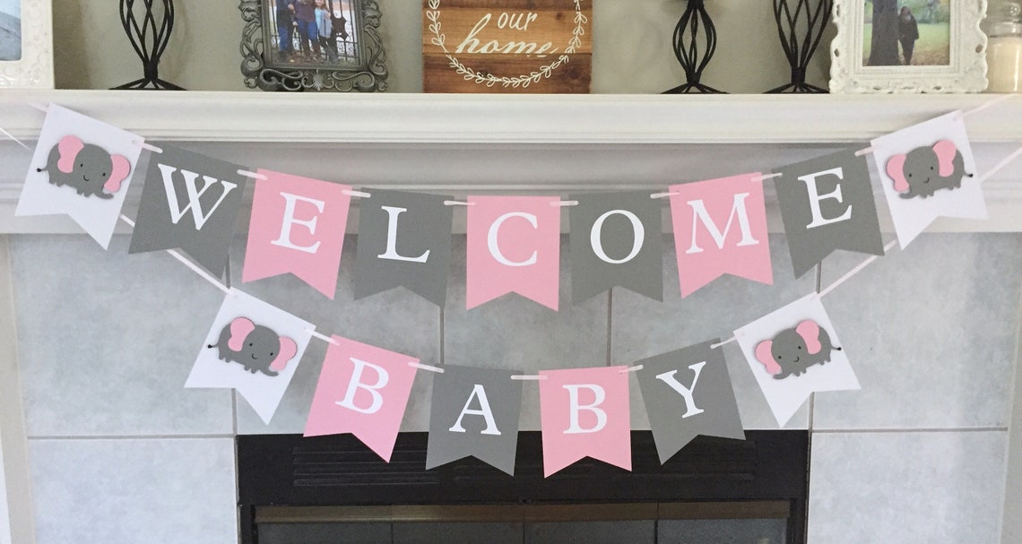 Welcome Baby Banner, Elephant Banner, Baby Shower Banner, Pink and Grey ...
