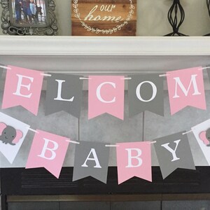 Welcome Baby Banner, Elephant Banner, Baby Shower Banner, Pink and Grey ...