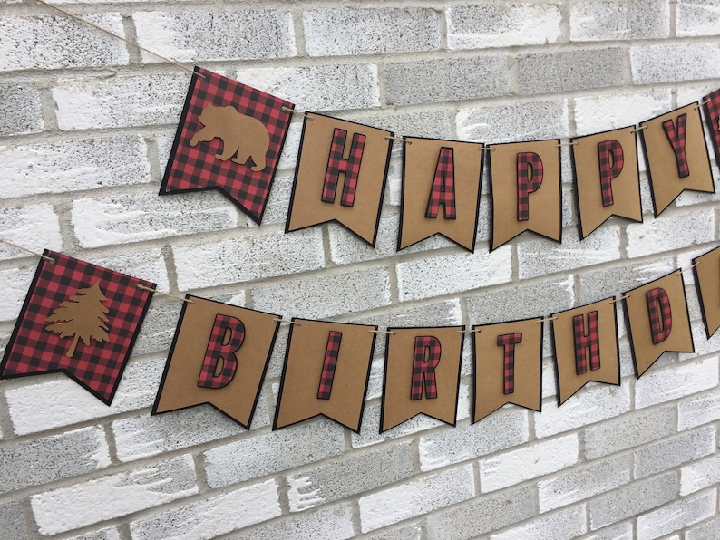 Woodland Banner Birthday Banner Buffalo Plaid Banner Rustic - Etsy