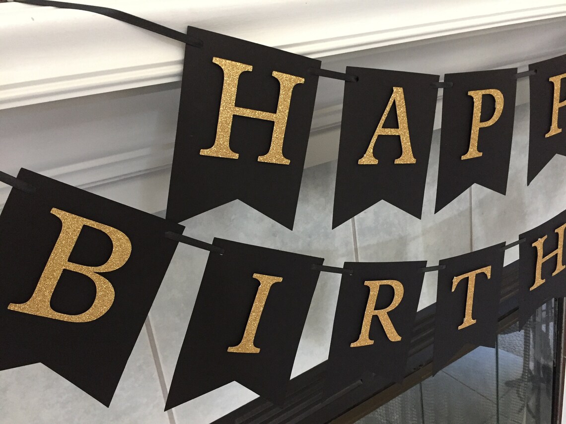 Happy Birthday Banner, Gold Birthday Banner, Black & Gold Birthday ...