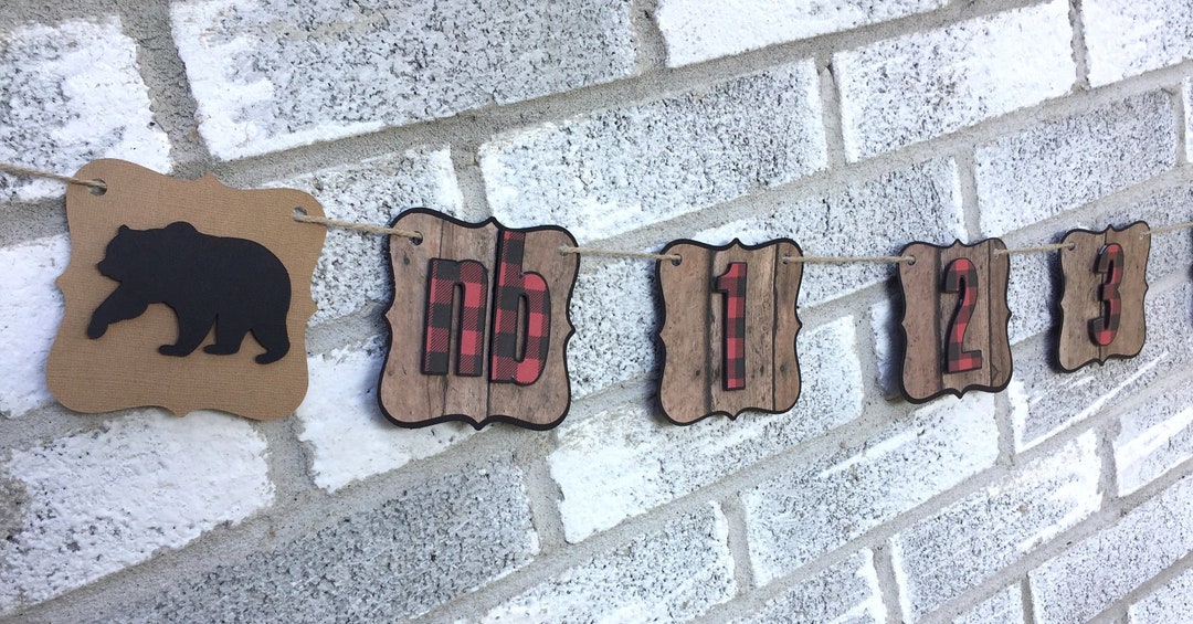 Buffalo Plaid Photo Banner, Monthly Photo Banner, Woodland Bear, Bear ...