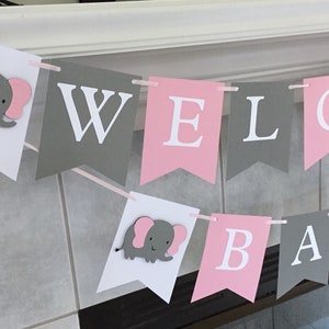 Welcome Baby Banner, Elephant Banner, Baby Shower Banner, Pink and Grey ...