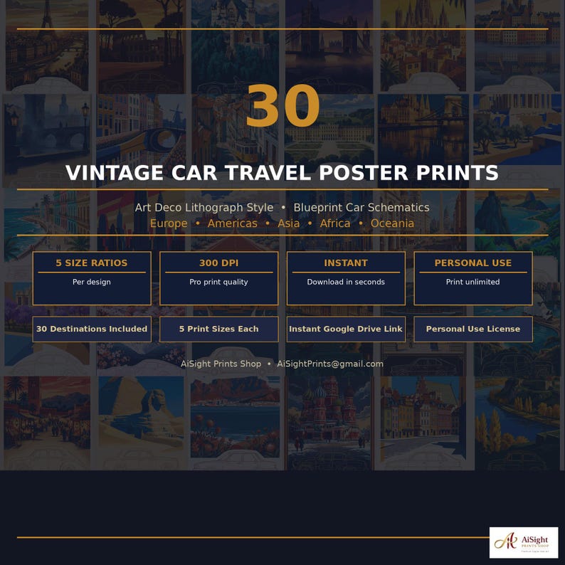 30 Vintage Travel Posters | Art Deco Car Blueprint Art (digital ...