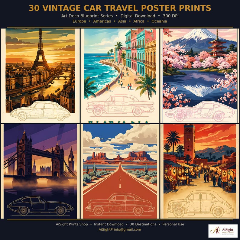 30 Vintage Travel Posters | Art Deco Car Blueprint Art (digital ...