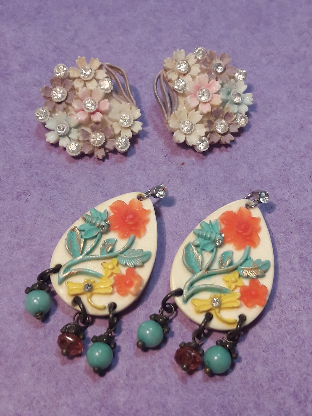 Vintage Celluloid Molded Plastic Earrings 2 Pairs Rhinestone - Etsy