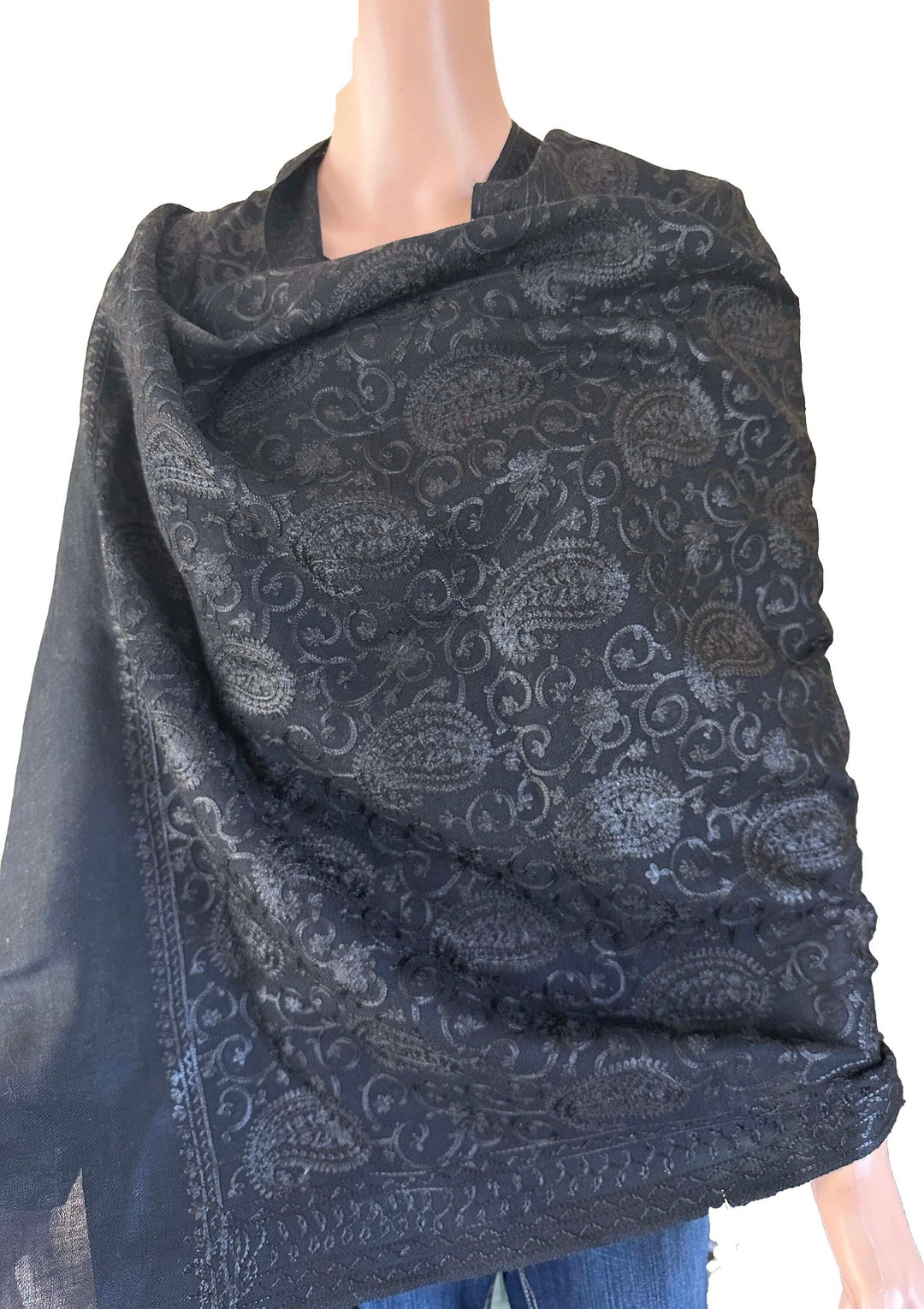 Solid Black Evening Scarf, Embroidery Wedding Pashmina Scarf,black Veil ...