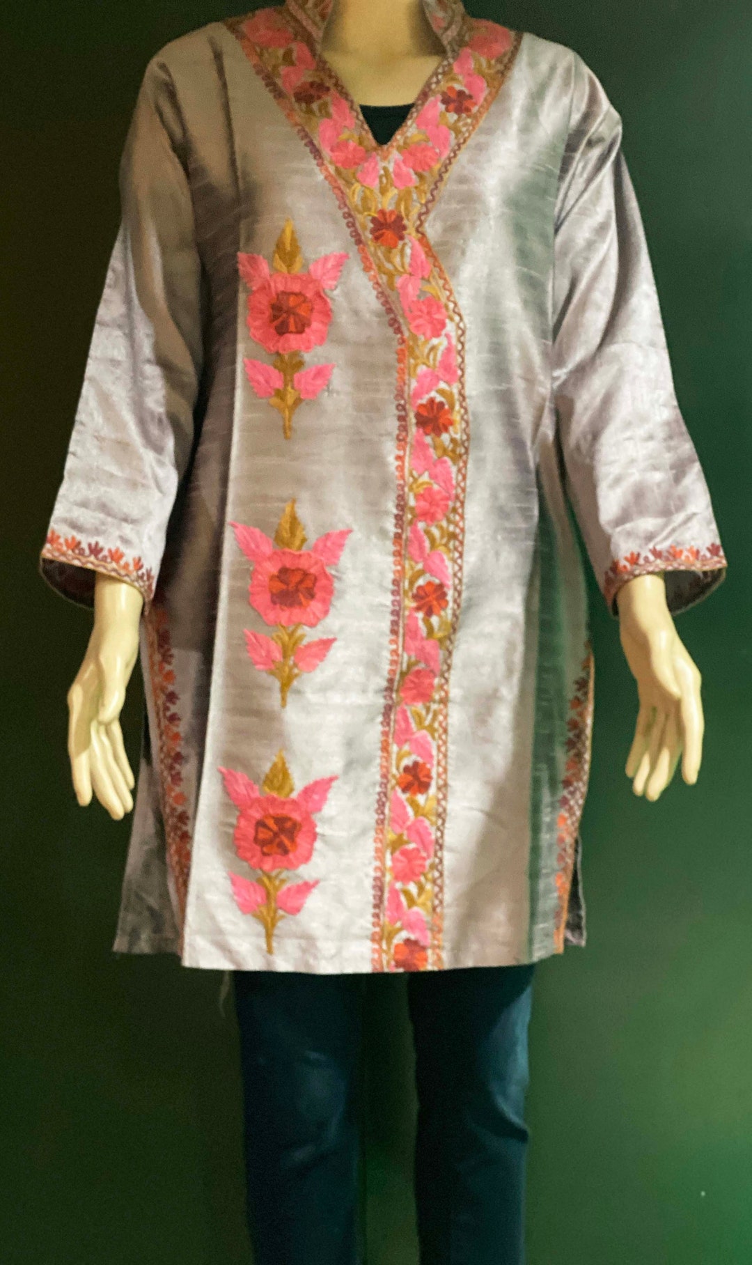 Kashmiri Embroidery Silk Kurti: Floral Boho Tunic Top - Etsy