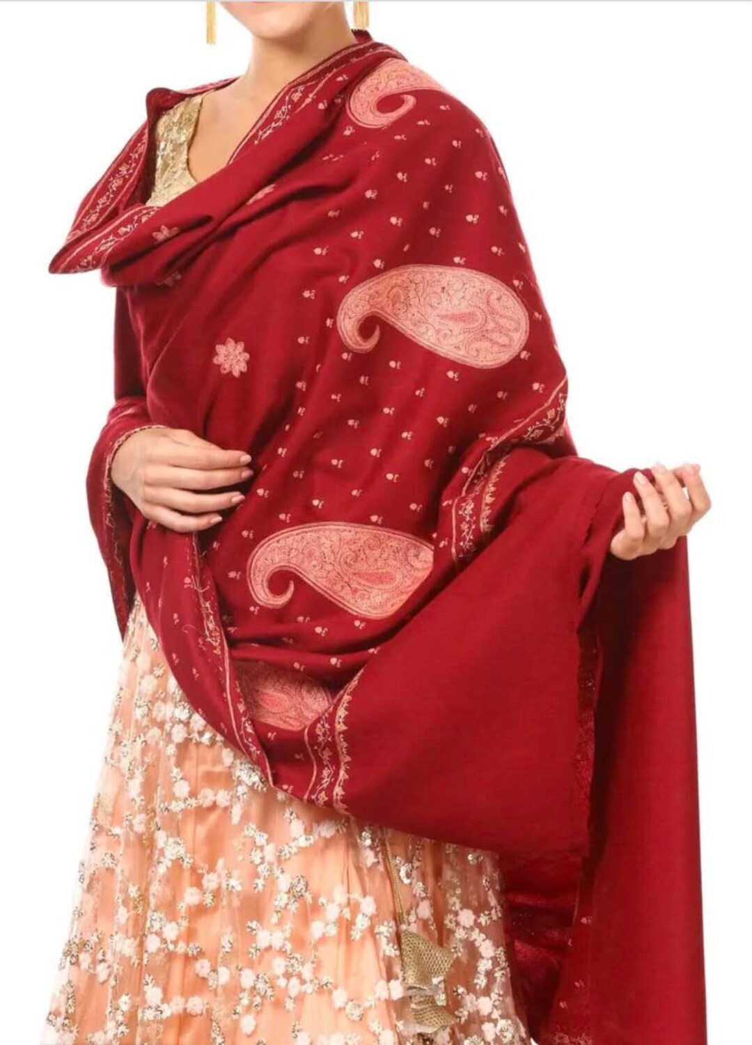 Extra Large Pashmina, Maroon Red Embroidery Shawl for the Holidays ...