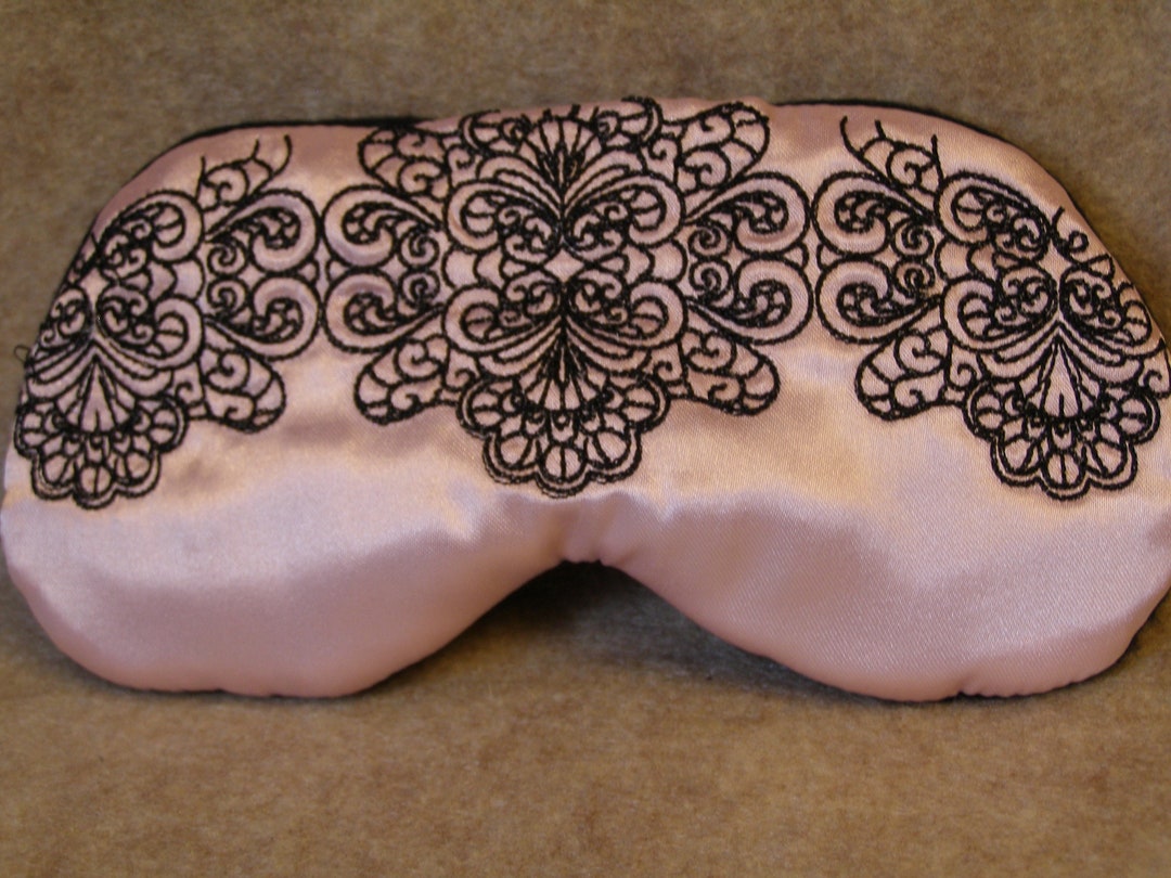 Embroidered Blush Pink Satin Sleep Mask W/ Black Lace Embroidery ...