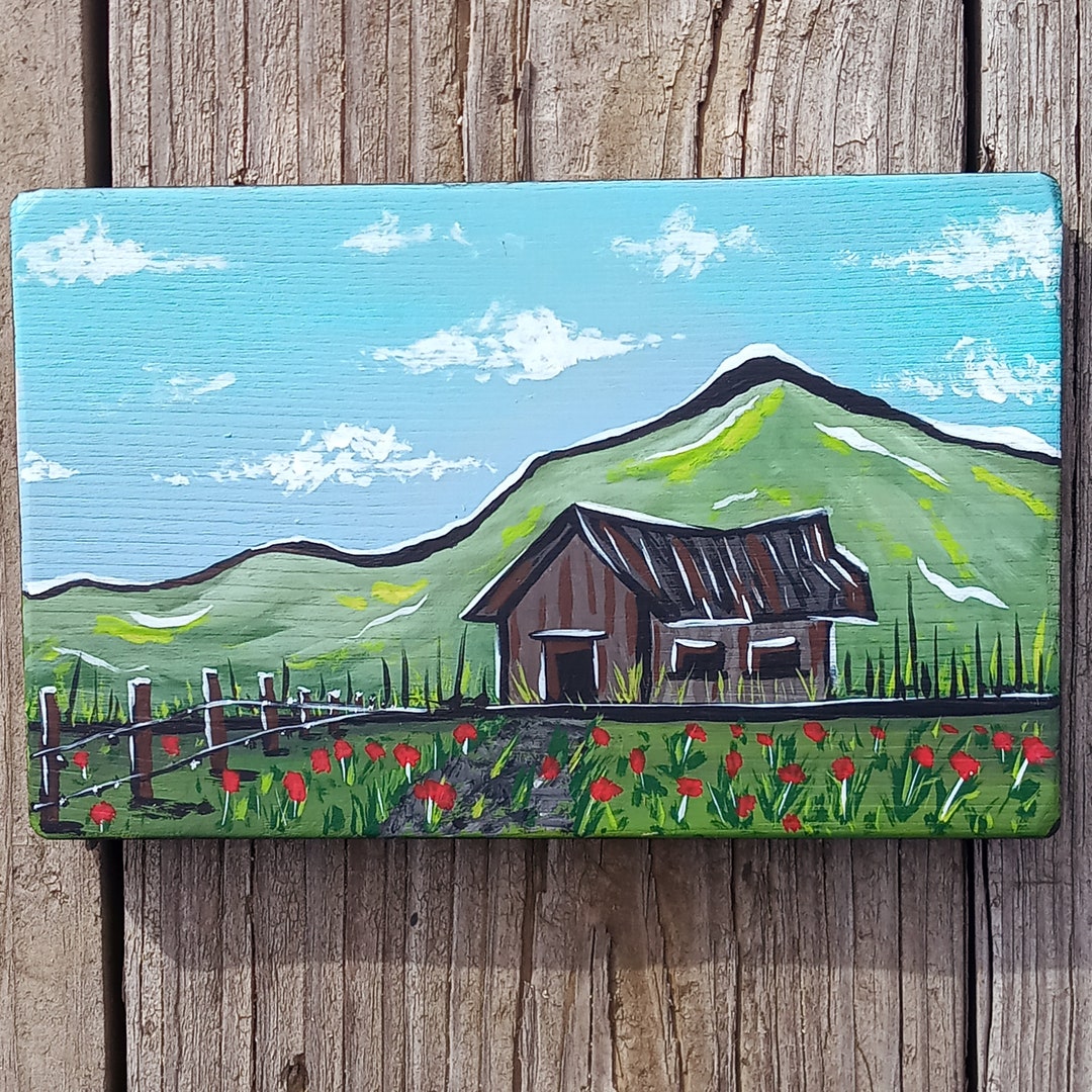 Primitive Farmhouse Landscape Barn Painting With Red Flowers Rustic ...