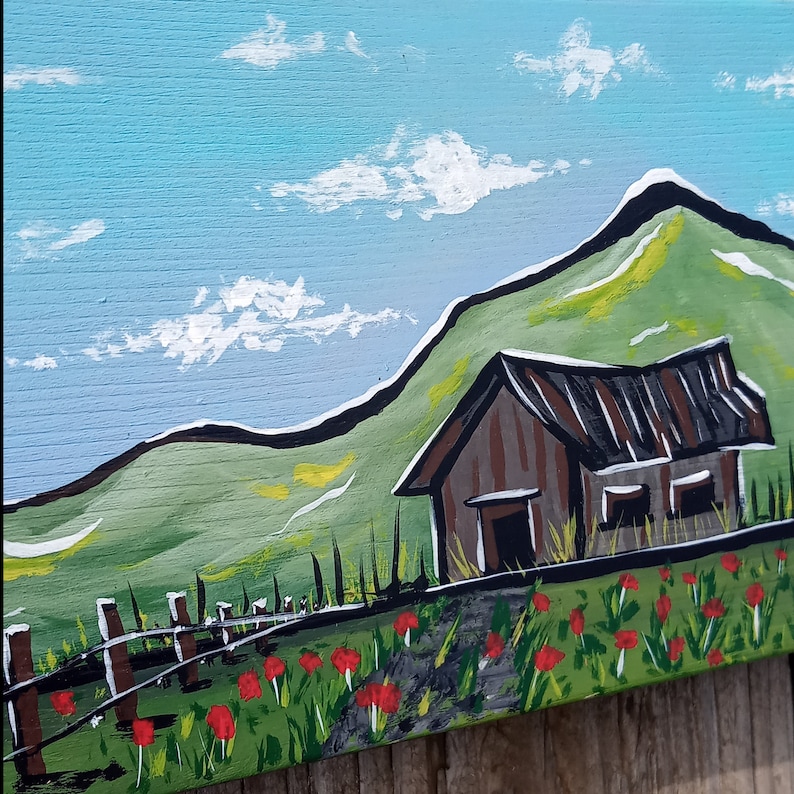 Primitive Farmhouse Landscape Barn Painting With Red Flowers Rustic ...