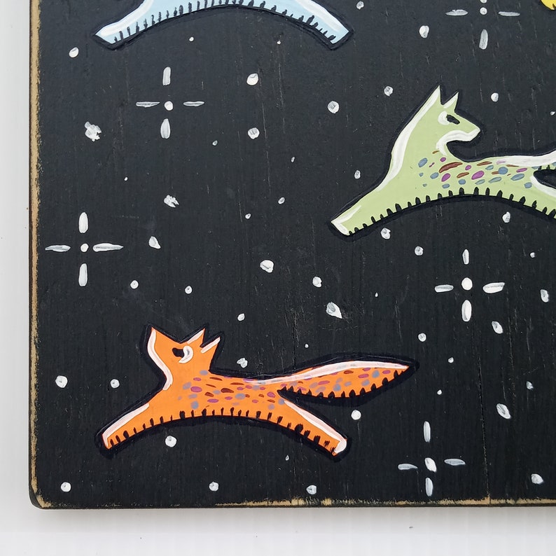 Primitive Folk Art Colorful Wolves Running With Starry Black Background ...