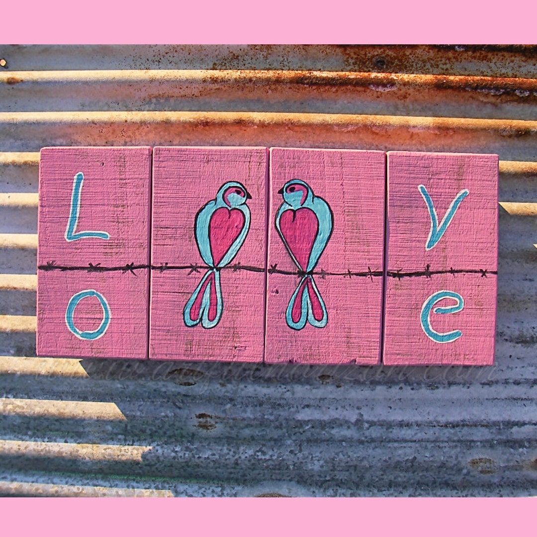Primitive Folk Art Love Sign Birds on Barbed Wire Original Painting ...