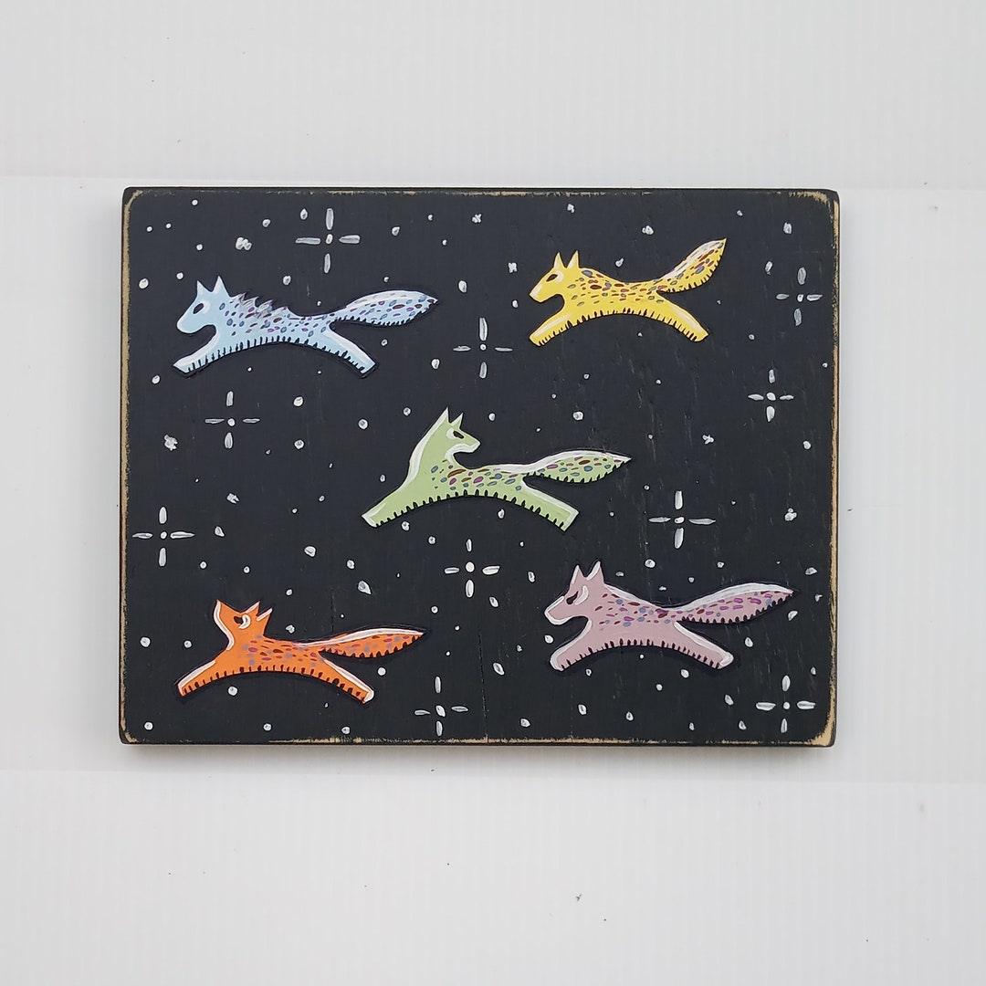Primitive Folk Art Colorful Wolves Running With Starry Black Background ...