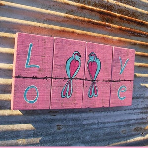 Primitive Folk Art Love Sign Birds on Barbed Wire Original Painting ...