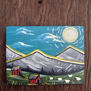 Farmhouse Landscape Primitive Folk Art Barns and Sheep Painting With ...