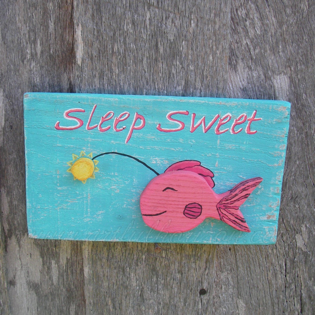 Pink Angler Fish Painting Sleep Sweet Sign Cute Fish Beach Decor Funky ...