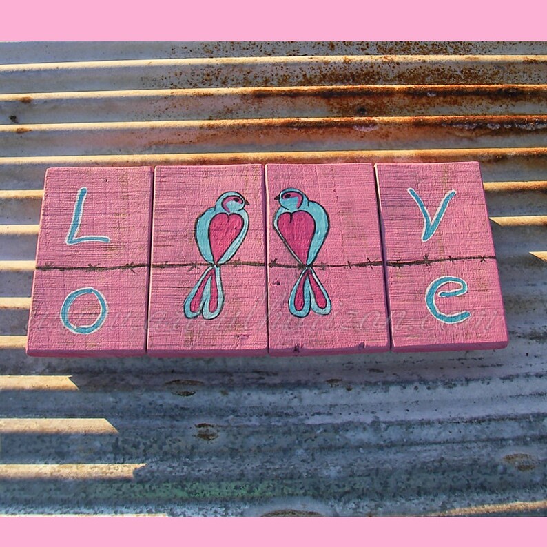 Primitive Folk Art Love Sign Birds on Barbed Wire Original - Etsy
