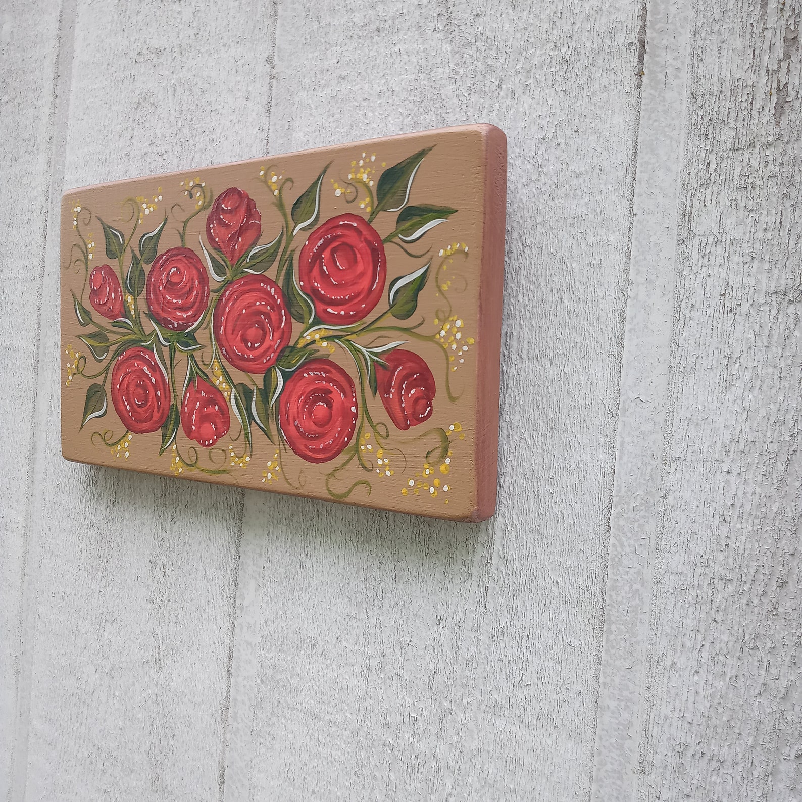 Red Roses and Yellow Flowering Vines Cottage Chic Flower Painting Home ...