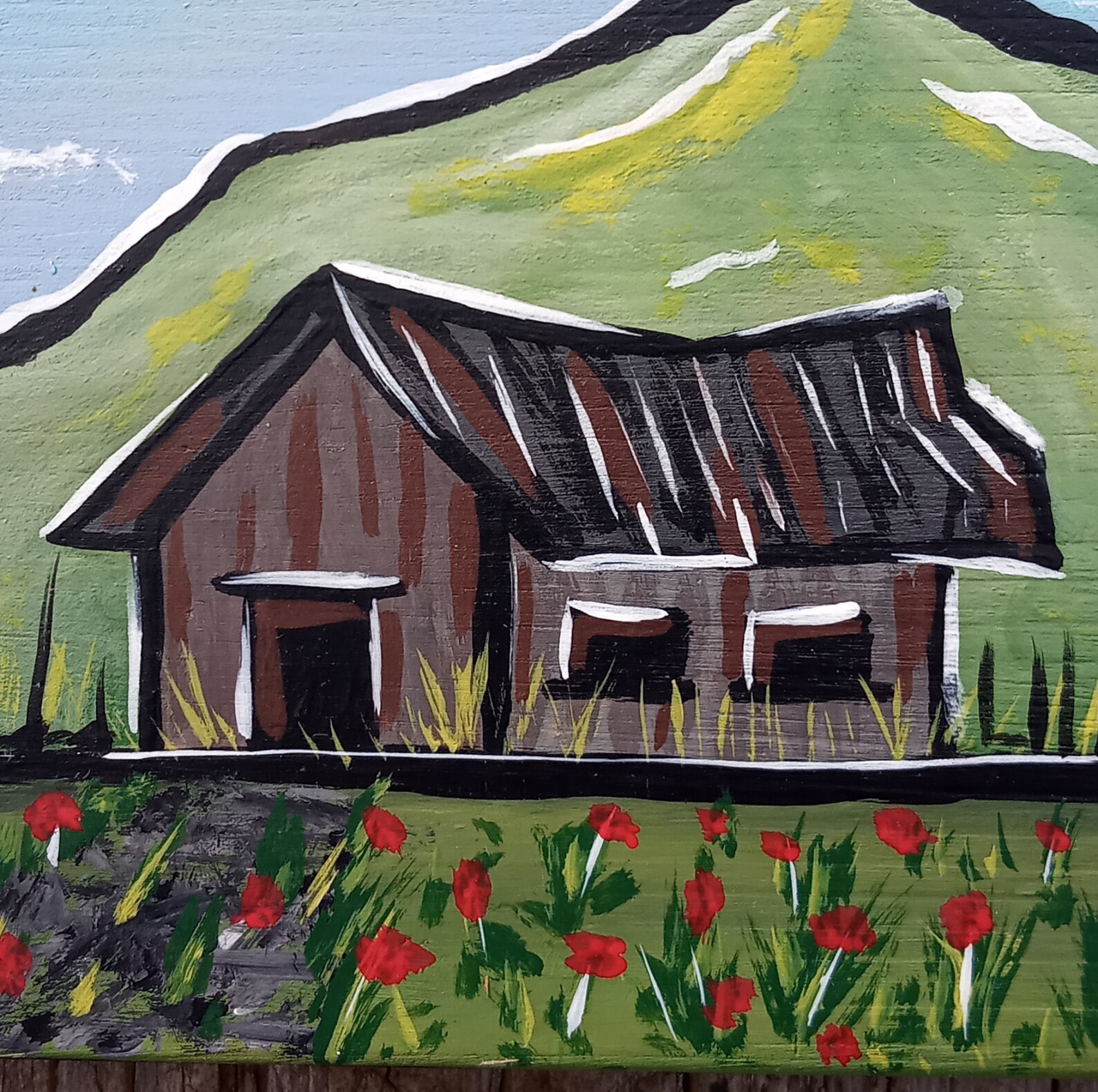 Primitive Farmhouse Landscape Barn Painting With Red Flowers Rustic ...