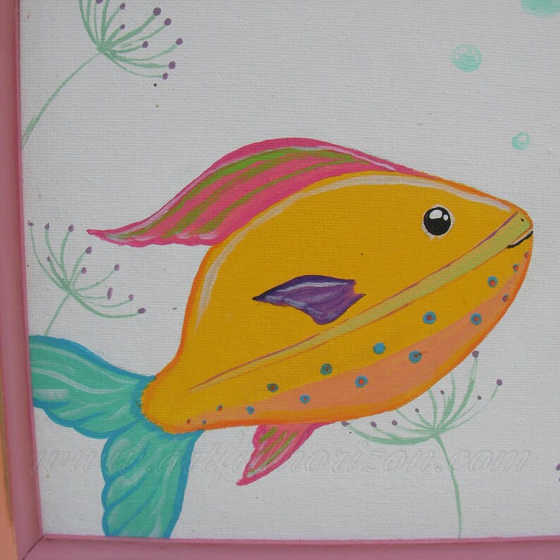 Funky Fish Cupcake Painting Primitive Folk Art Yellow Pink | Etsy
