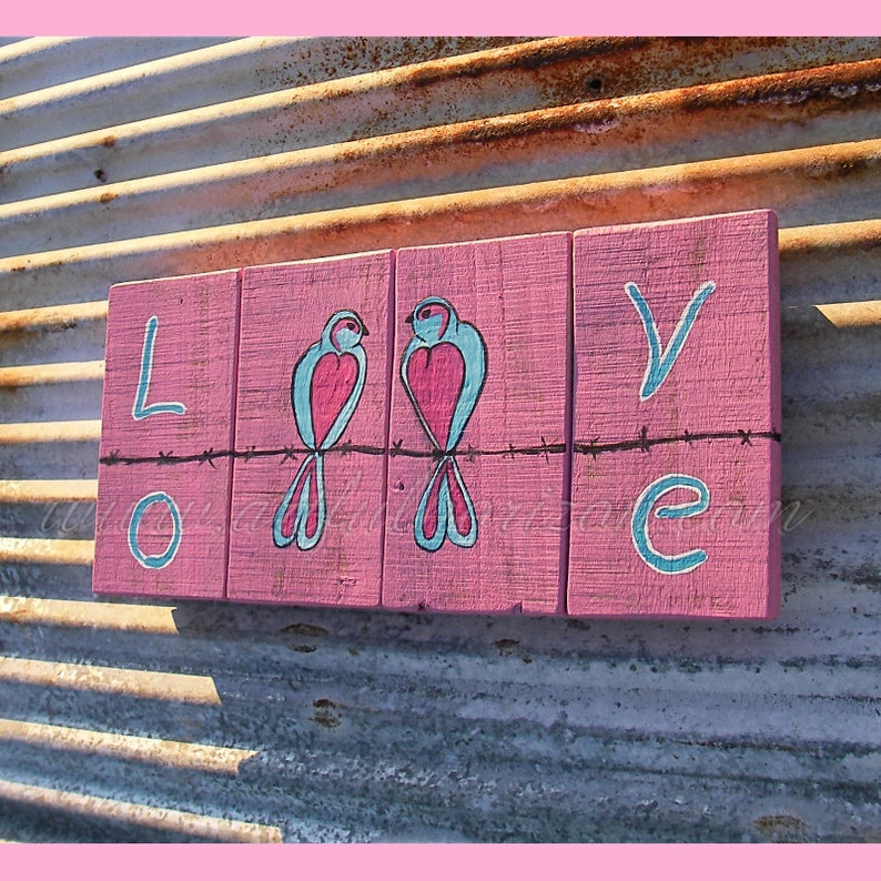 Primitive Folk Art Love Sign Birds on Barbed Wire Original - Etsy
