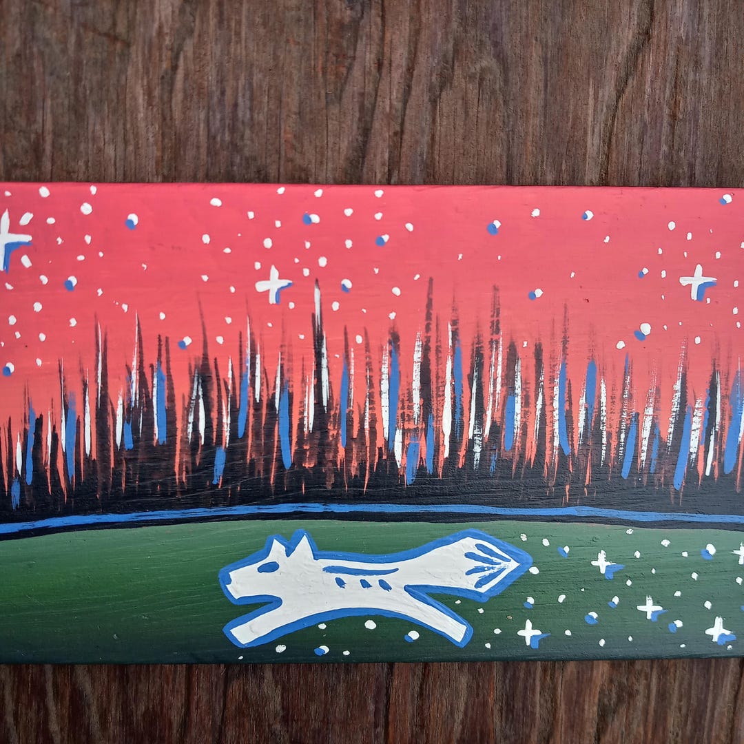 Primitive Folk Art White Wolf Running at Sunset With Starry Sky Native ...