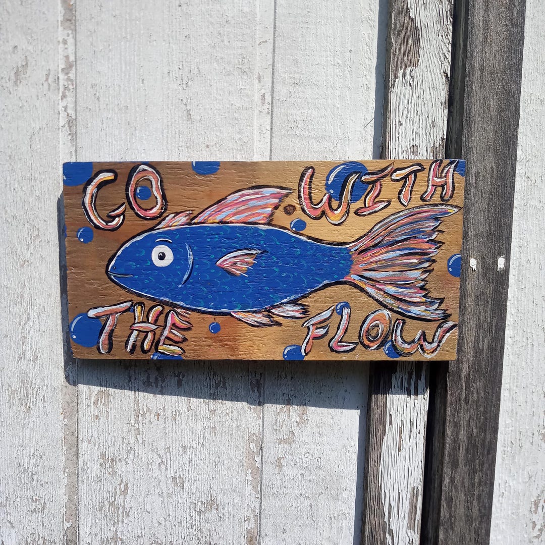 Funky Folk Art Fish Painting 'go With the Flow' Sign, Reclaimed Wood ...