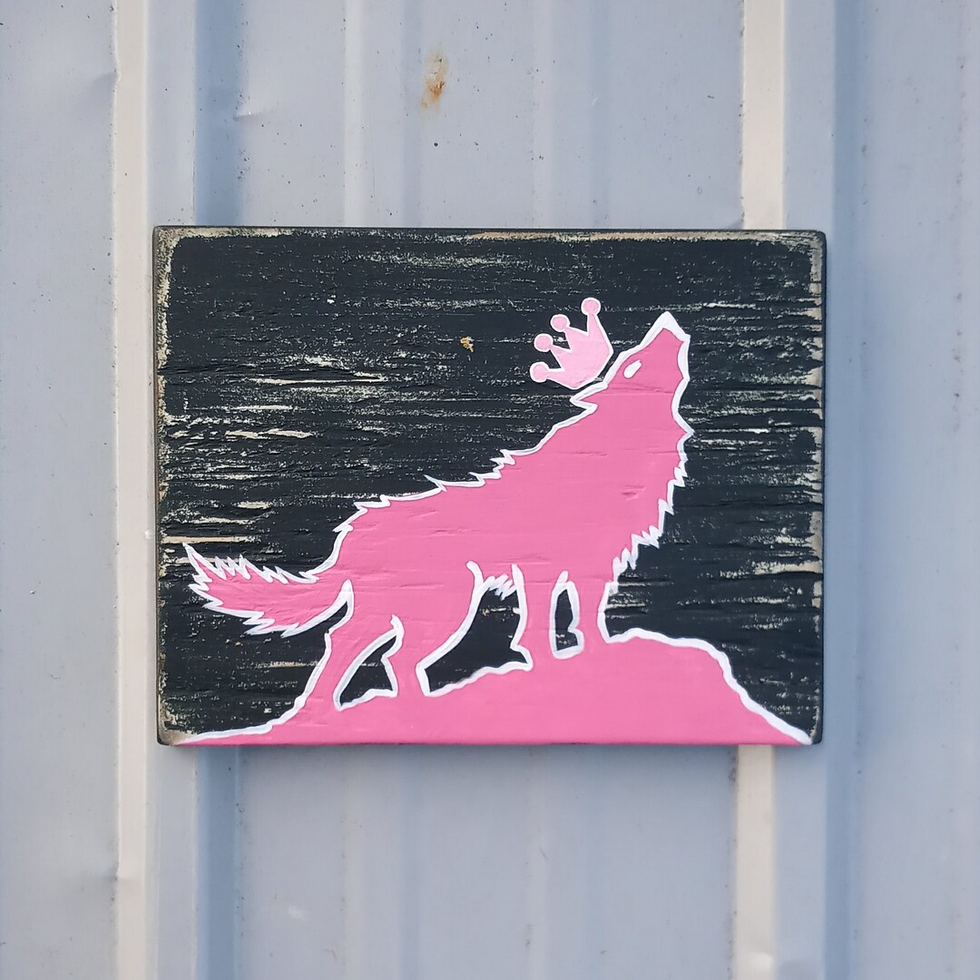 Pink Wolf With Crown on Reclaimed Wood Primitive Folk Art Painting - Etsy