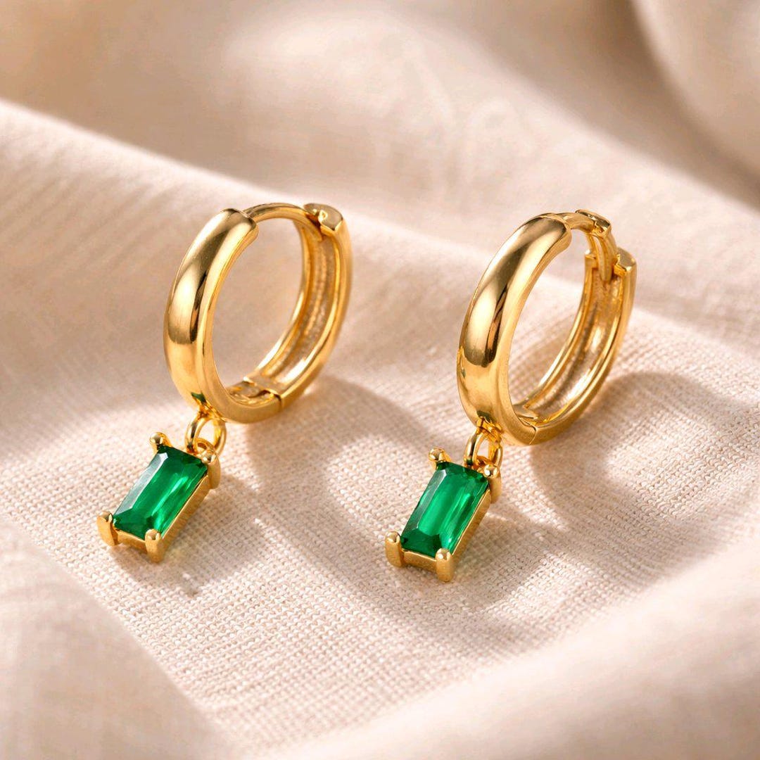 Emerald Green Huggie Hoop Earrings, Gold Plated With Zircon, Dangle ...