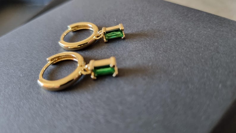 Emerald Green Huggie Hoop Earrings, Gold Plated With Zircon, Dangle ...