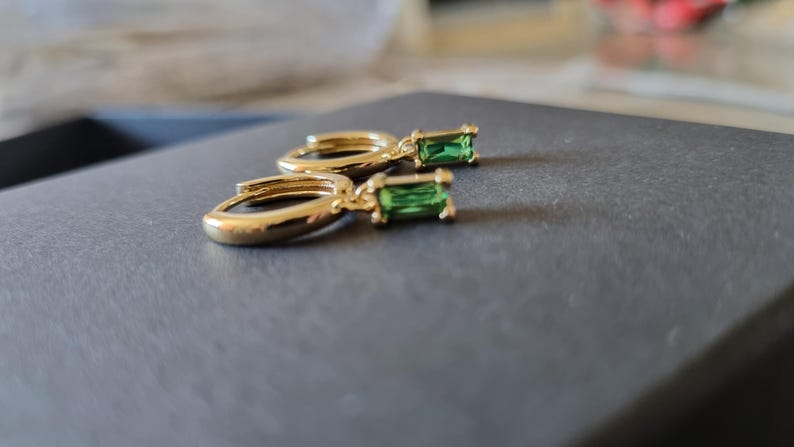 Emerald Green Huggie Hoop Earrings, Gold Plated With Zircon, Dangle ...