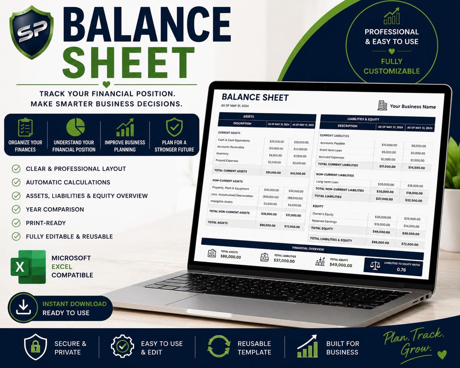 Editable Balance Sheet Template | Excel Financial Statement | Small ...