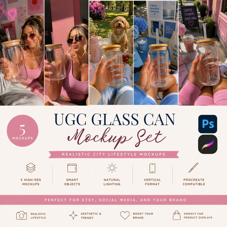 Glass Can Mockup Bundle - UGC Feminine Pink, Cozy Café Lifestyle - Etsy